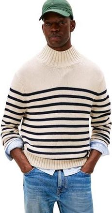 Tommy Hilfiger Pull Homme Breton Cotton Stripe avec Col Cheminée, Multicolore (Oatmilk HTR/Desert Sky), L
