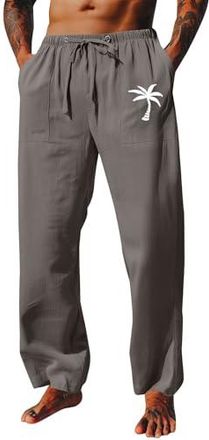 Generic Pantalon d&eacute;t&eacute; en lin respirant pour homme - Pantalon de plage blanc - Coupe ajust&eacute;e - Taille &eacute;lastique - Pantalon de jogging pour homme - Pantalon de 