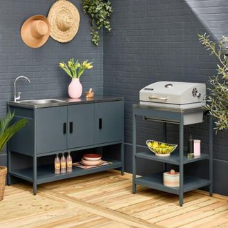 Sweeek Cuisine ext&eacute;rieure Naxos 2 modules acier inoxydable bleu gris barbecue au charbon avec &eacute;vier