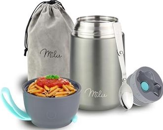 Milu Boîtes Alimentaires Isothermes 450ml I 650ml I 800ml, Boîte Isotherme Repas Chaud Porte-Aliments en Acier Inoxydable à Double Couche, Cuillère Pliante