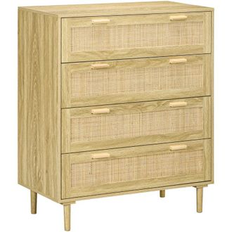 HOMCOM Homcom - Commode 4 tiroirs style boh&egrave;me chic - dim. 90L x 45l x 108,5H cm - fa&ccedil;ades tiroirs cannage rotin aspect ch&ecirc;ne clair