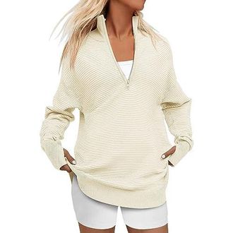 Generic Uwdiohq Pull Femme Hiver Longues pour Femmes avec Demi-Fermeture Éclair Et Col en V À Ourlet Arrondi Décontracté Trou Le Pouce (Beige, S) Grande Taill