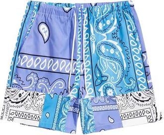 Generic Short de bain d&eacute;t&eacute; pour homme style boh&egrave;me avec cordon de serrage &agrave; la taille et imprim&eacute; cachemire, bleu, 4XL