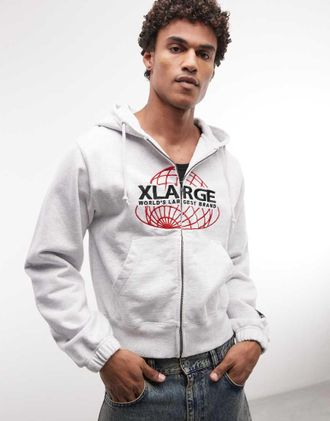 XLARGE Worlds Largest - Kapuzenjacke in Aschgrau mit Rei&szlig;verschluss und Stickerei vorne