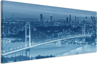 Paul Sinus Art Sinus Art 150x50cm Wandbild - Farbe Blau Petrol Panoramabild Wandbild auf echter Leinwand in sehr hoher Qualität - Bosporusbrücke Istanbul Sonnenunter