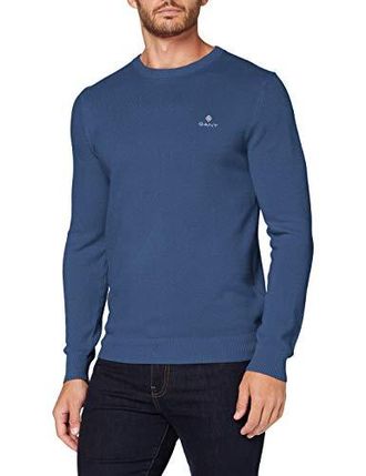 GANT Coton piqué col en C Sweater, Bleu Denim chiné, S Homme