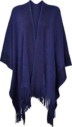 ZLYC Femmes Hiver Ouvert Cape Chaud Poncho Garniture à Franges(Marin),Taille Unique