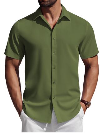 Coofandy Herren Kurzarm Hemden Sommer Freizeithemd Kurzarmhemd Bügelleichte Businesshemd Formales Hemd Arbeitshemd Hochzeitshemd Armeegrün XXL