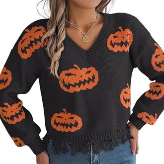 Generic Pull dHalloween pour femme | Pull tricot&eacute; &agrave; col en V d&eacute;chir&eacute; - Haut court tendance &agrave; porter au quotidien, Noir, L