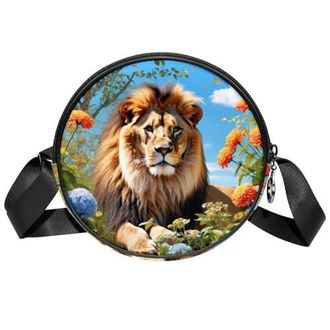Generic Petit sac &agrave; bandouli&egrave;re circulaire pour femme, motif fleur de lion, sac &agrave; dos avec fermeture &eacute;clair, bretelles r&eacute;glables, sac &agrave; main rond d&eacute;contract&eacute; 