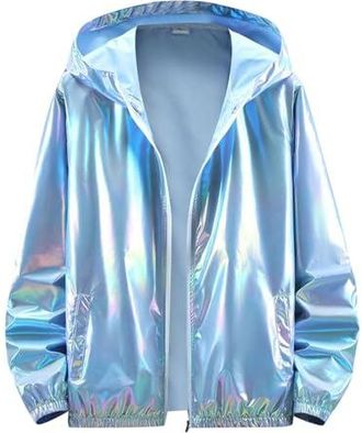 Generico Veste métallique argentée pour homme Costume de carnaval Disco Bomber Blazer avec paillettes métalliques Vêtements de nuit ajustés Coupe slim Casual S