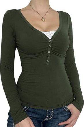 Generic Chemise &agrave; manches longues Henley pour femme, haut basique &agrave; boutons, coupe ajust&eacute;e, hiver, printemps, mignon, d&eacute;contract&eacute;, basique, vert militaire, XL