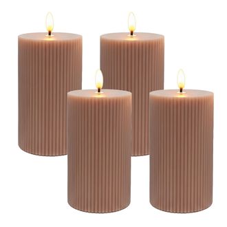 Relaxdays LED Kerzen, 4er Set, HxD: 13 x 7,5 cm, flackernde Flamme, Echtwachs, Rillen, flammenlose Blockkerzen, Altrosa