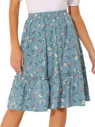 Allegra K Damen Sommer R&uuml;schen Rock Saum Blumen A-Linie Hohe Taille Knielang Midirock Staubiges Blau M