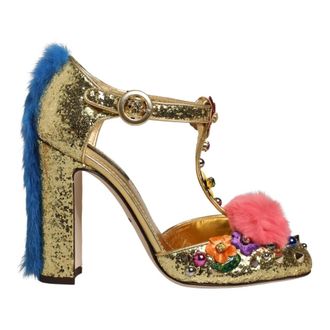 Dolce & Gabbana Vally Sandalen mit T-Riemen und Fellbesatz - - Shoes - Damen - Mehrfarbig - 37 EU