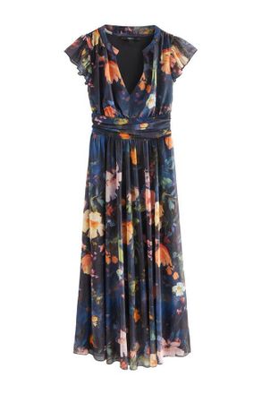 Next Midikleid Plissiertes Mesh-Midikleid mit V-Ausschnitt (1-tlg)