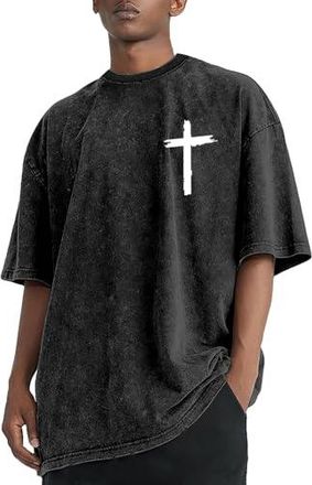 Generic T-shirts pour homme vintage décontracté col rond manches courtes ample rétro délavé croix chrétienne chemise sport entraînement gym t-shirts, Noir, XX