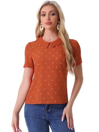 Allegra K Damen Kurzarm Bubikragen Punkte Oberteil Vintage Polka Dots Elegant Top Bluse Orange L