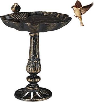 Relaxdays Vogeltr&auml;nke Gusseisen, Gartendeko antikes Design, Vogelfutterstelle stehend, Wasserschale f. Wildv&ouml;gel, bronze, 24.5 x 22 x 18 cm