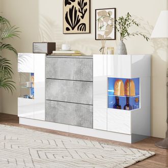 Generic HUQIQWE Sideboard Wei&szlig; Hochglanz Mit 2 T&uuml;ren Und 3 Schubladen, LED Beleuchtung 16 Farben Per App, Marmorlook Grau Mit Glaselementen, Anrichte Als K&uuml;ch