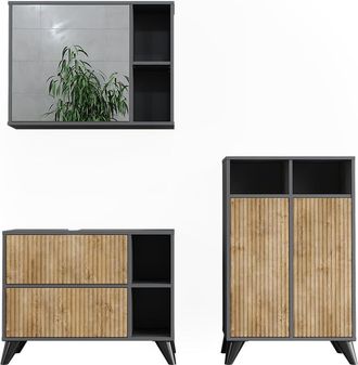Vicco Badmöbel-Set Anthrazit/Bergeiche Leano, bestehend aus Bad Spiegelschrank, Waschbeckenunterschrank, Midischrank - Viel Stauraum Oben und unten