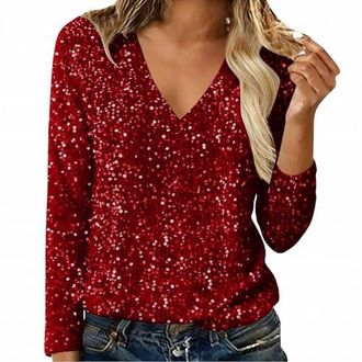 Generic Hauts &agrave; paillettes pour femmes, mode d&eacute;contract&eacute;e, chemisiers scintillants &agrave; col en V, f&ecirc;te de vacances, haut scintillant chatoyant &agrave; manches longues,