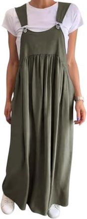 Onsoyours Mini Robe Décontractée en Lin à Col Carré avec Poche et Bretelles Larges pour Femme Robe Salopette Femme Rompers Couleur Unie A Armée Verte XXL