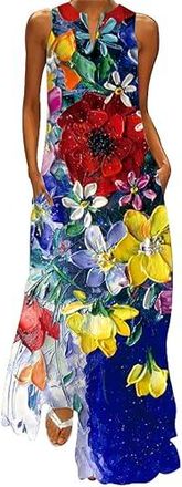 Ocean Plus Femmes Jupe Longue sans Manches Col V Robe Florale Imprimée Maxi Robe sans Manches avec Col en V (L, Ölgemälde große Blumen)