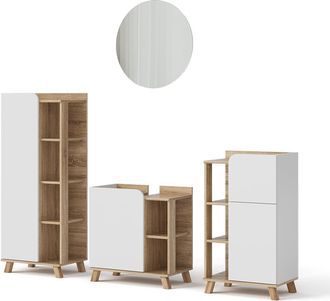Vicco Badmöbel-Set Sonoma/Weiß Karen, bestehend aus Badspiegelschrank, Waschbeckenunterschrank, Midischrank, Hochschrank - Offene und geschlossene Fächer fü