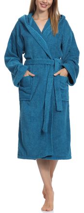 Ladeheid Damen Frottee Bademantel mit Kapuze Morgenmantel warm aus 100% Baumwolle LA40-102 (Jeans (D03) (Gramatur 450), M)