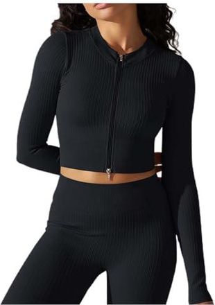 Generic Veste de yoga c&ocirc;tel&eacute;e sans couture &agrave; manches longues pour femme, couleur unie, pour le fitness, la course &agrave; pied, 2026, Noir, L