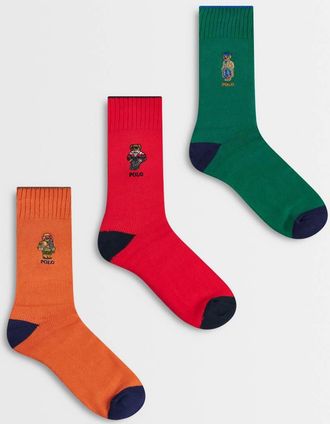 Polo Ralph Lauren coffret cadeau de 3 paires de chaussettes mi-mollet &agrave; imprim&eacute; ours, vert, bleu et rouge