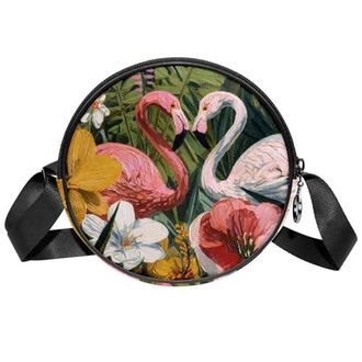 Generic Petit sac &agrave; bandouli&egrave;re circulaire pour femme, motif flamants roses dans la jungle, petit sac &agrave; dos &agrave; bandouli&egrave;re avec fermeture &eacute;clair, bretelles r&eacute;g