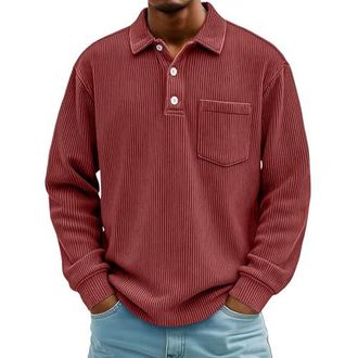 Generic Chemise en velours c&ocirc;tel&eacute; pour homme, grande taille, t-shirt &agrave; manches longues, col basculant, couleur unie, coupe d&eacute;contract&eacute;e, t-shirt &agrave; bouton 1/4 