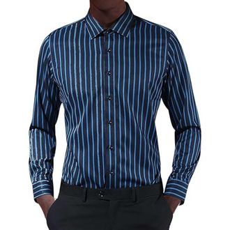 Generic Chemise formelle &agrave; manches longues pour homme - Chemise ray&eacute;e contrast&eacute;e boutonn&eacute;e - Col rabattu - Coupe quotidienne - Confortable - Sans repassage - 