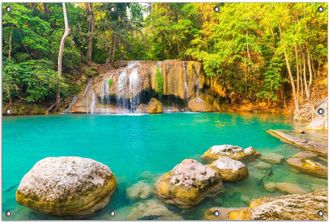 Wallario Outdoor-Poster f&uuml;r Garten oder Balkon Paradiesischer Wasserfall, Motivbanner Gr&ouml;&szlig;e: ca. 100 x 150 cm, Outdoor-Bild