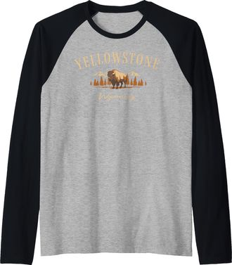 Trendy Apparel Yellowstone Wyoming Bison Mountain Background Raglan