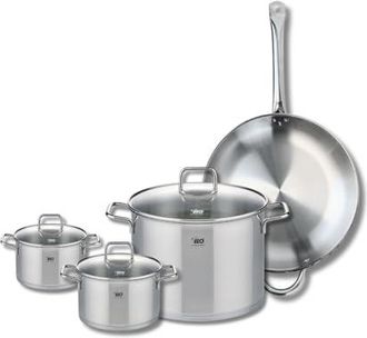 Fackelmann ELO 9500650 Batterie de cuisine 4 pièces, Set de 1 Poêle de cuisson 32 cm et 3 faitouts 14, 16 et 26 cm Elo Profi Citrin, inox, induction, Gris Ardois