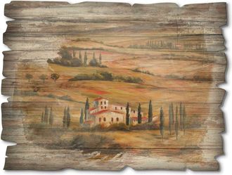 Artland ARTland Wanddeko Bild aus Holz Holzbild vintage Deko 40x30 cm Landschaft Toskana Berge Tal Haus Kirche Felder Zypressen Mediterran Rustikal A5DM