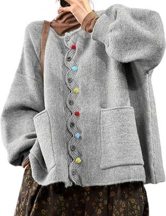 Minetom Gilet Femme Cardigan Ample Chaud Pull Veste avec Boutons Oversize Manches Longues Automne Hiver Tricot Manteau avec Poches A Gris M