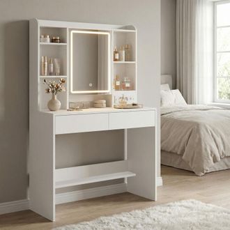Vasagle Coiffeuse avec Miroir LED, 3 Couleurs, Luminosit&eacute; R&eacute;glable, avec Multiprise, 2 Tiroirs, Blanc