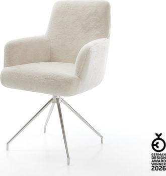 DELIFE Esszimmerstuhl Heira-Flex mit Armlehnen Pl&uuml;sch Creme-Wei&szlig; Kreuzgestell konisch Edelstahl Taschenfederkern, Esszimmerst&uuml;hle
