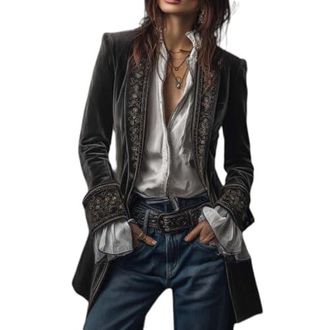 Generic Veste vintage en velours brod&eacute; pour femme, coupe ajust&eacute;e, tendance, l&eacute;g&egrave;re, gothique, dentelle, pirate, gris fonc&eacute;, XXL