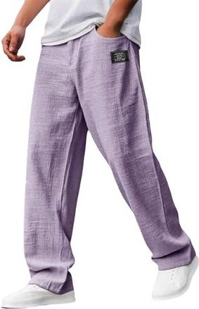 Generic Pantalon décontracté en coton et lin avec logo brodé et poche à taille élastique pour homme, violet, XXL