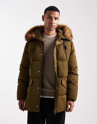 Asos Pufferjacke in Dunkelgrün mit Kunstpelz-Kapuze