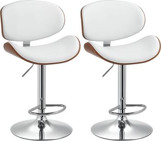 HOMCOM 2er-Set Barhocker Küchenstuhl mit Rückenlehne Kunststoffbeschichtung höhenverstellbar drehbar Fußstütze weiß