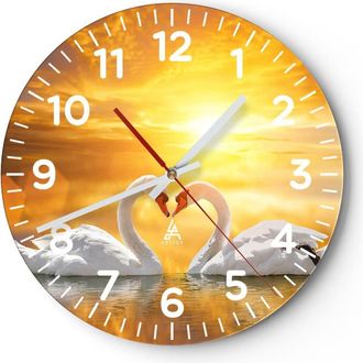 Arttor Modern Wanduhr Schwan Wasser Paar 40x40cm Rund Gro&szlig; Wand Uhr Glas Analog Zimmeruhren K&uuml;che B&uuml;ro Wohnzimmer Glasuhr Wall Clock Dekoration Design Wandde