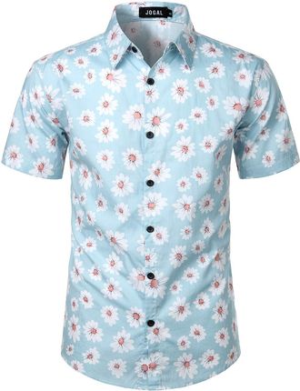 JOGAL Herren Blumen Kurzarm Baumwolle Hawaii Hemd XX-Groß Himmel blau