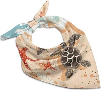 Generic Écharpe carrée en soie légère en forme de tortue de plage avec étoiles de mer, écharpe pour cheveux, foulard respirant, cadeau pour homme et femme, mu