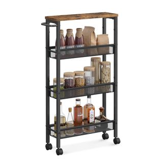 Relaxdays Nischenwagen, HxBxT: 77x13x45 cm, schmales Nischenregal Bad & K&uuml;che, 4 Ebenen, Rollregal Metall, braun/schwarz